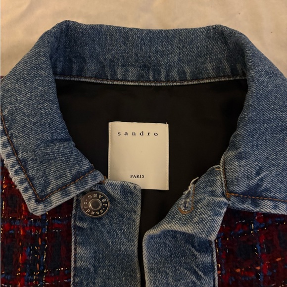 Sandro | Jackets & Coats | Sandro Blue Denim And Red Tweed Jacket ...